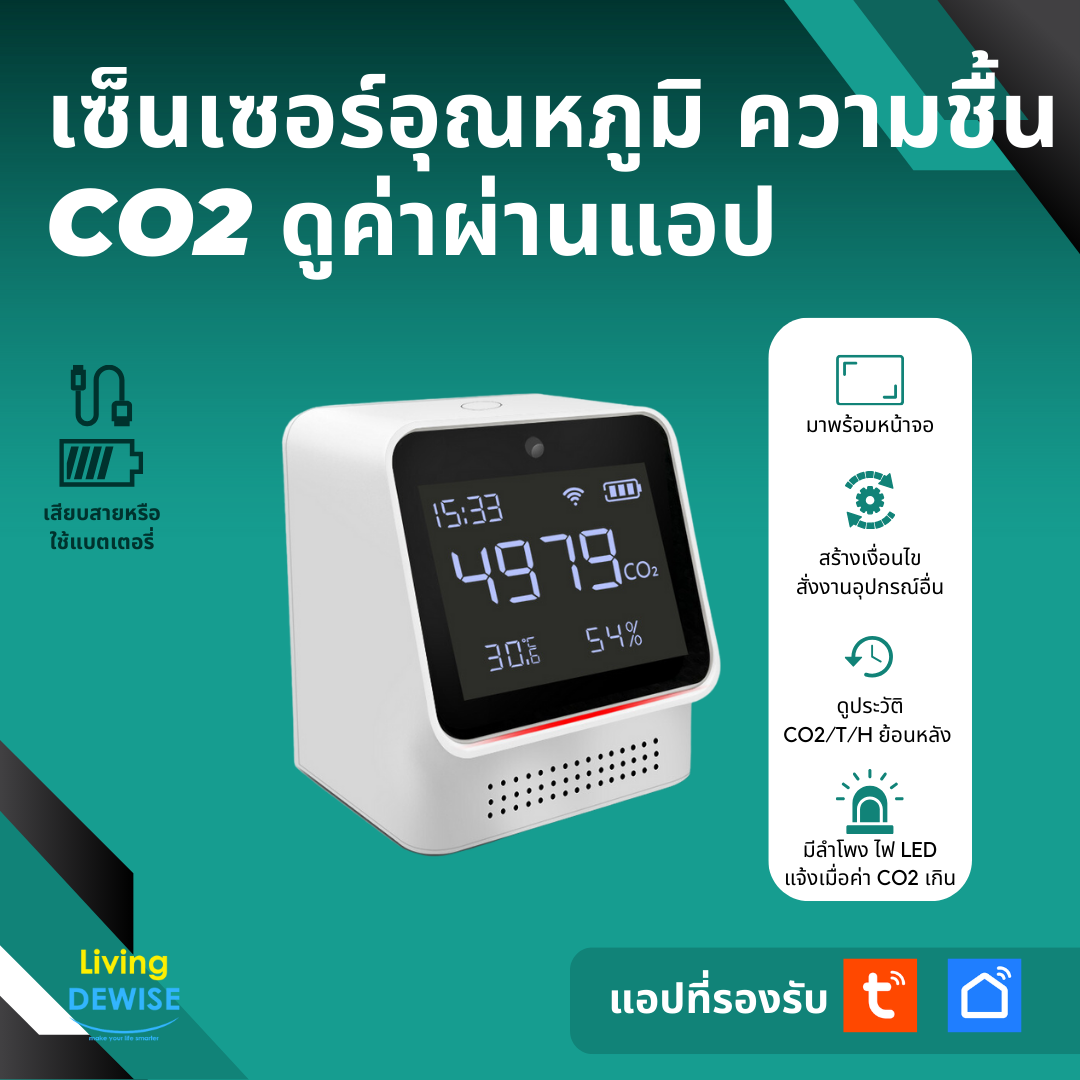 Tuya เซ็นเซอร์วัดคาร์บอนไดออกไซด์ CO2, อุณหภูมิและความชื้นพร้อมหน้าจอ ...