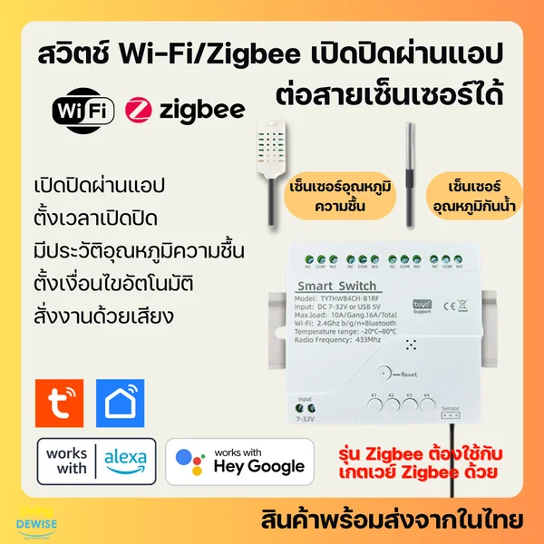 Tuya สวิตช์โมดูล 4 ช่อง Wi-Fi/Zigbee เปิดปิด ตั้งเวลาผ่านแอป ต่อสายเซ็นเซอร์ได้ รองรับสั่งงาน ...